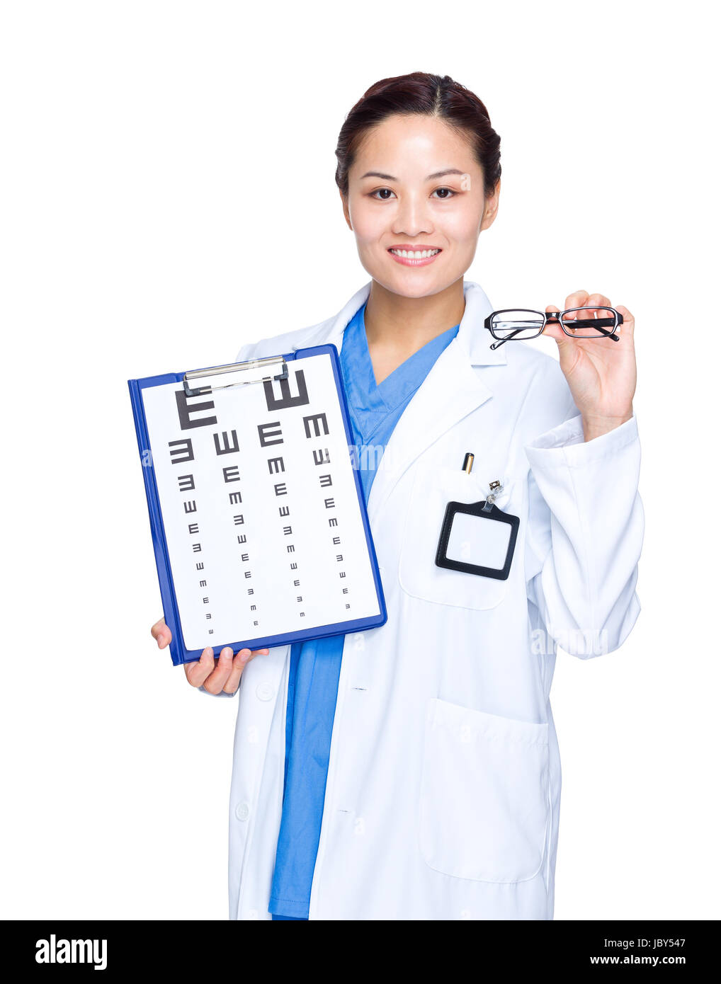 Optician doctor hold eye chart and glasses Stock Photo - Alamy