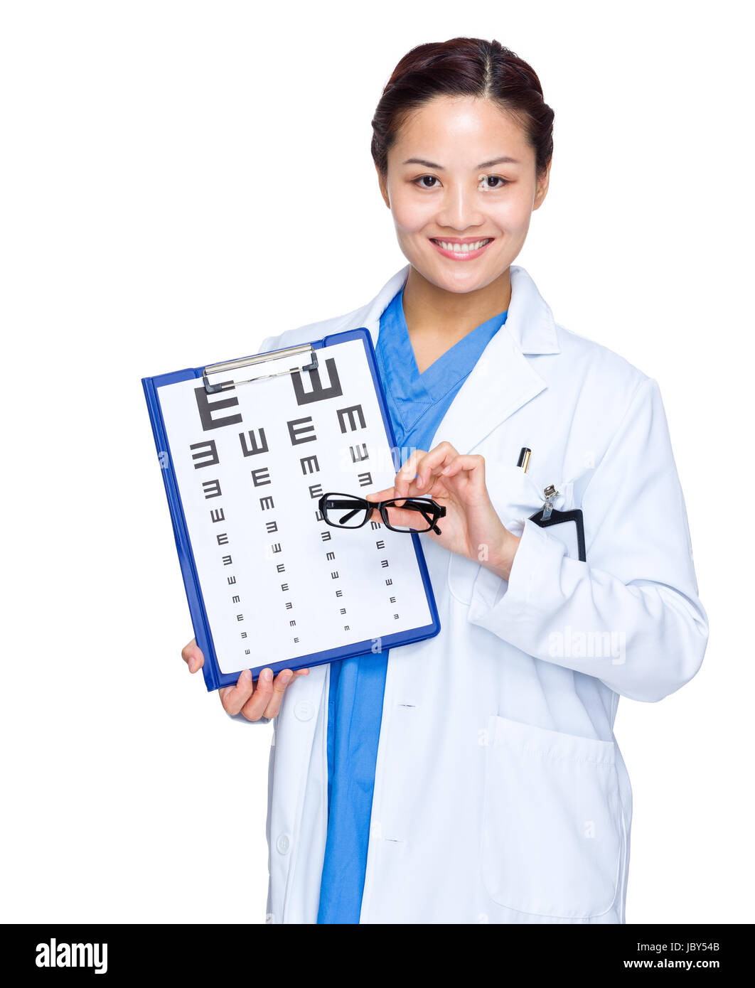 Female oculist with eye chart and glasses Stock Photo - Alamy