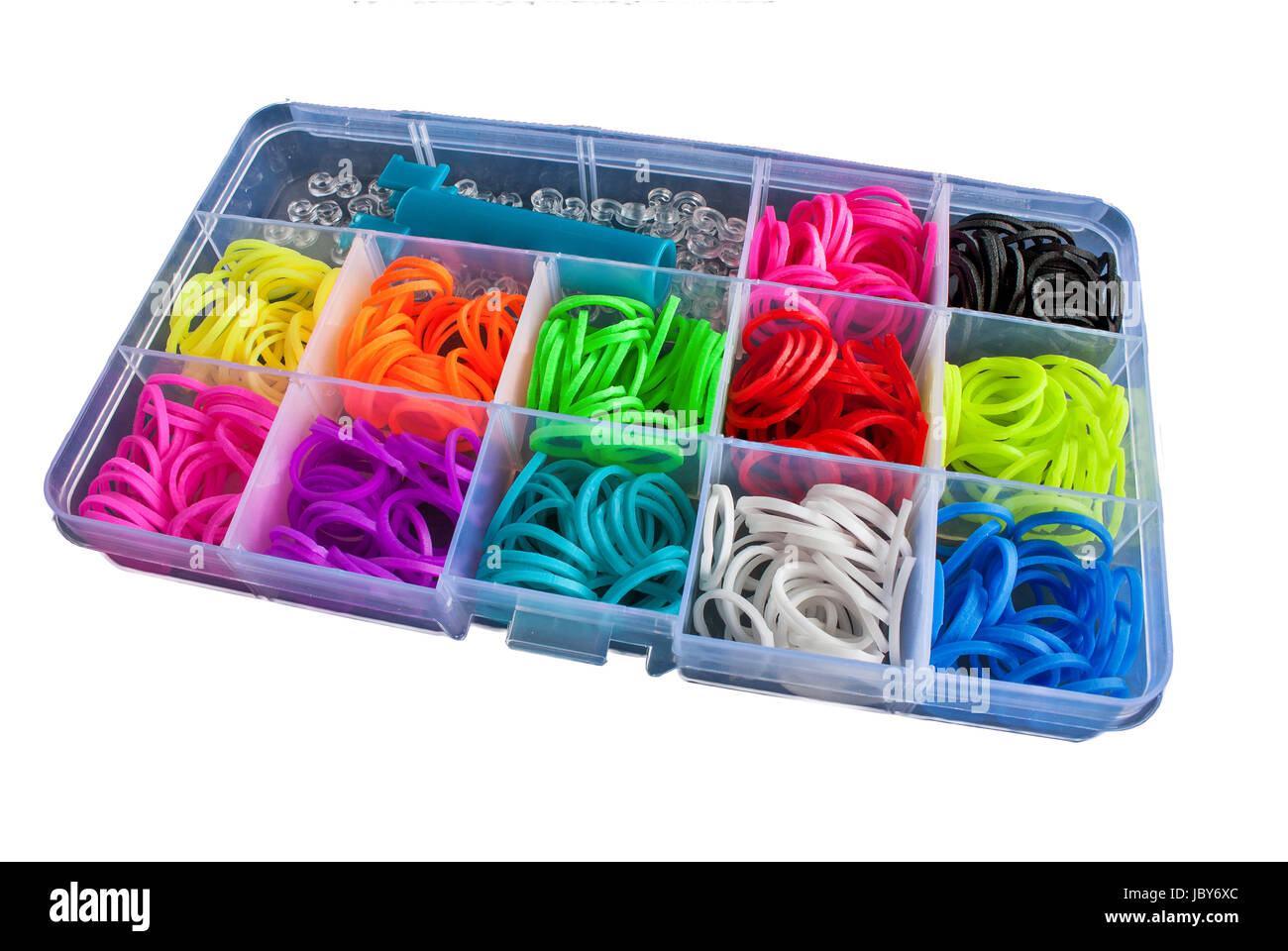 Box with colorful rubber bands for rainbow loom Stock Photo - Alamy