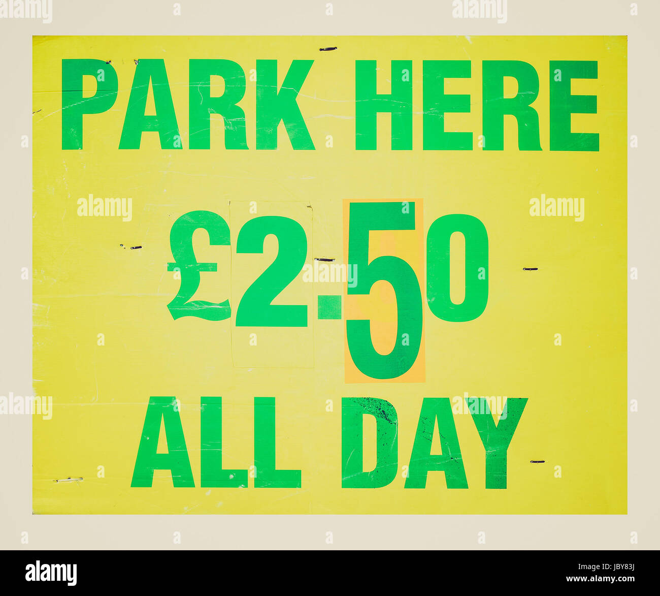 Vintage retro looking Sign 50p per hour 2.50 all day - isolated over ...