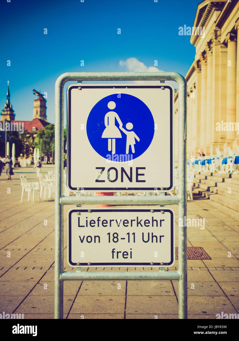 Vintage retro looking A road sign for a pedestrian zone Stock Photo - Alamy