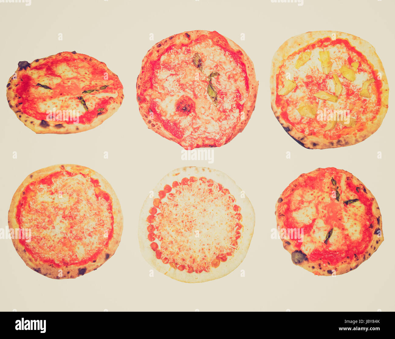 Vintage retro looking Many types of vegetarian pizzas including Italian ...