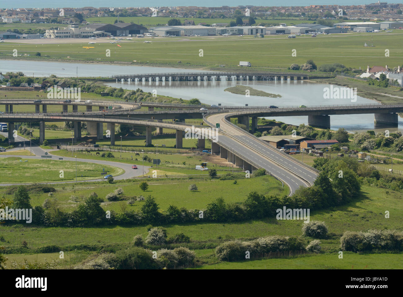 View over Shoreham Airport, River Adur and the A27 flyover junction ...