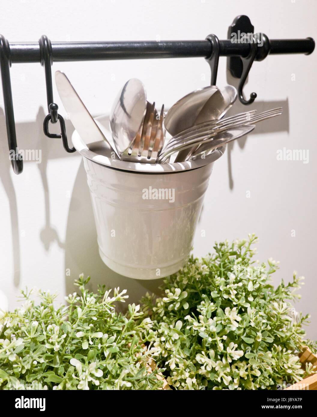 Kitchen Utensil, Cutlery Knife and Fork Spoon in A Metal Bucket Stock ...