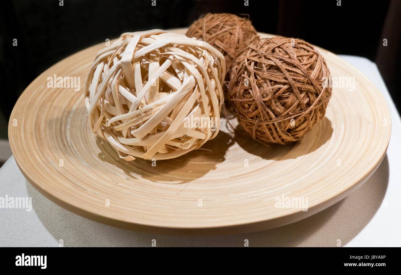 Woven Wickers, Bamboo Balls or Rattan Balls on Wooden Tray Used for ...