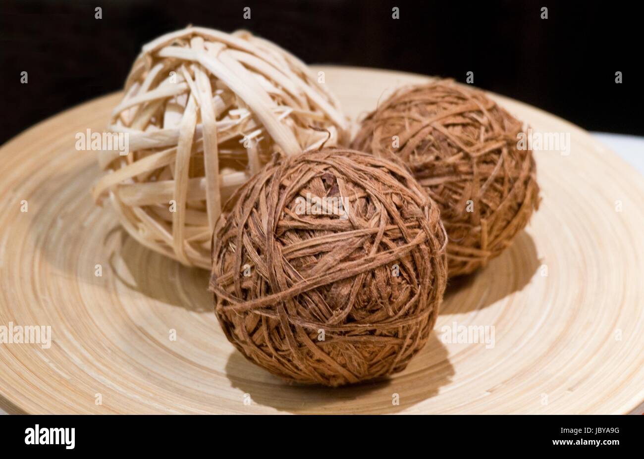 Three Woven Wickers, Bamboo Balls or Rattan Balls on A Wooden Tray Used ...