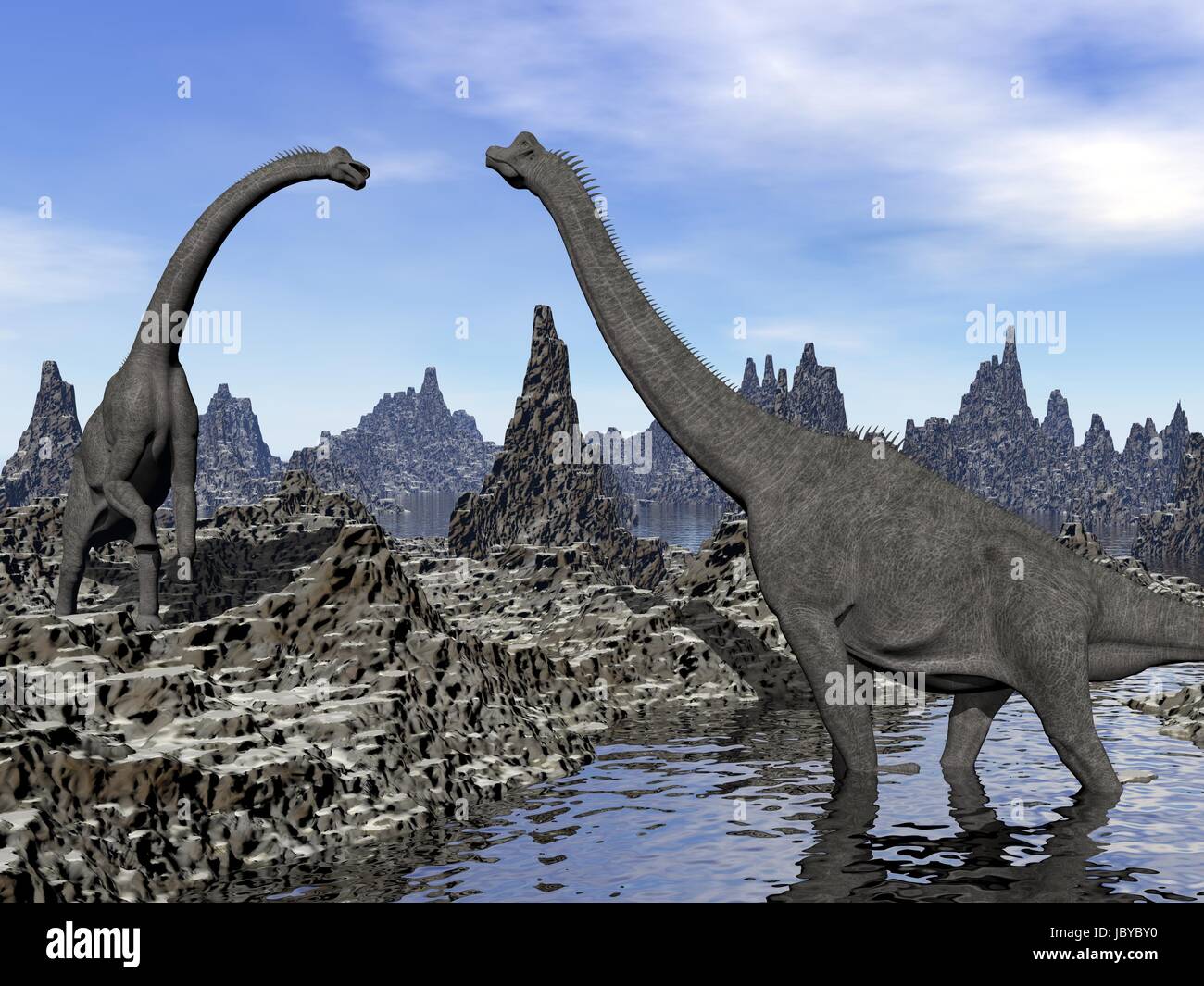 Two brachiosaurus dinosaurs in landscape with water by day Stock Photo ...