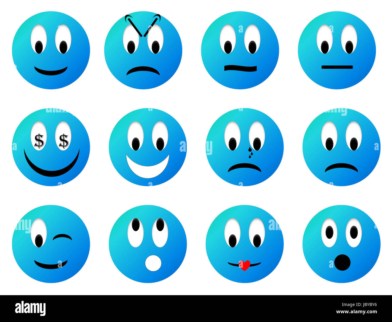 Set of blue smiley with different emotions in white background Stock ...
