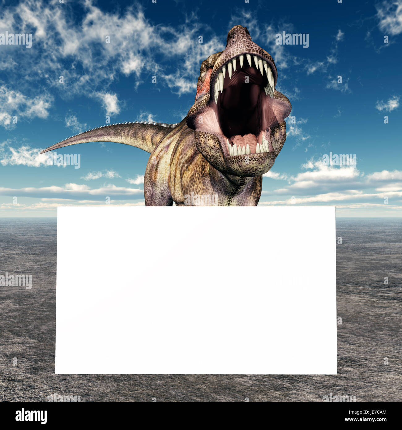 tyrannosaurus rex with advertising sign Stock Photo - Alamy