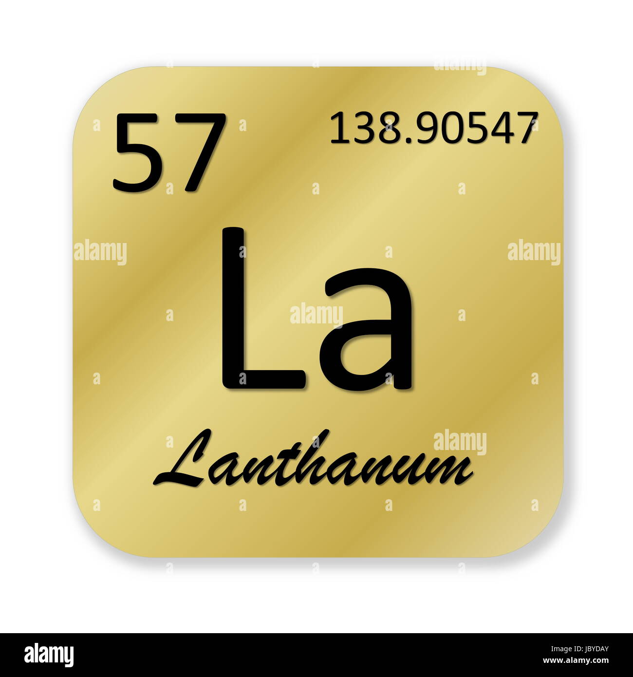 Black lanthanum element into golden square shape isolated in white ...