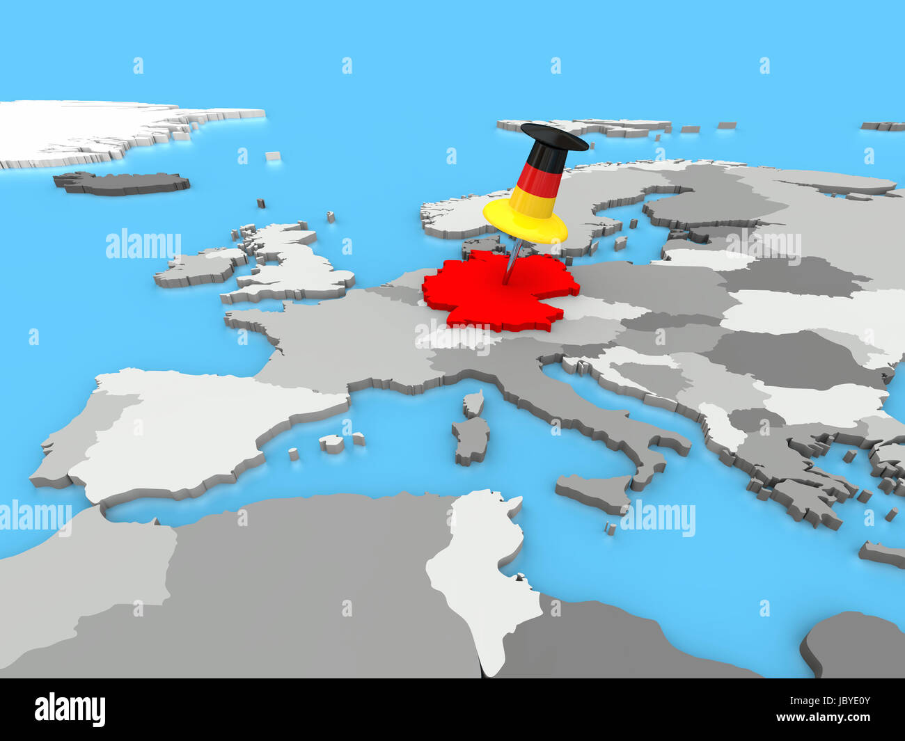 Germany pinned to the map of Europe with a huge push pin coloured as ...