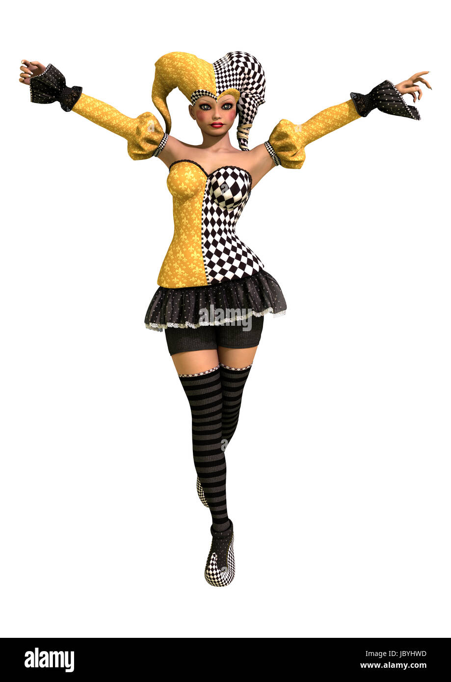 3D digital render of a female jester performer isolated on white ...