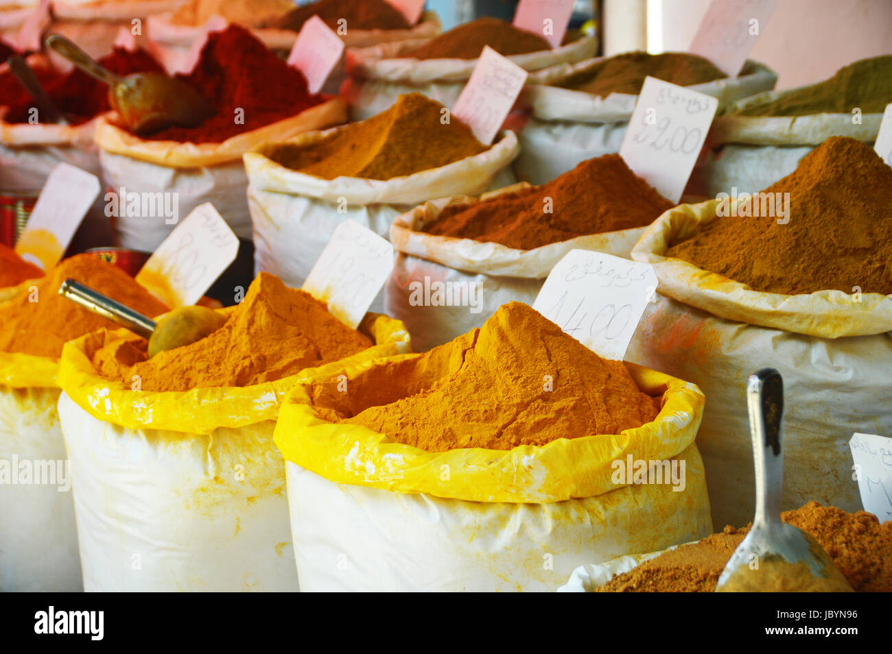 Spices in Arabic store including turmeric and curry powder Stock Photo ...