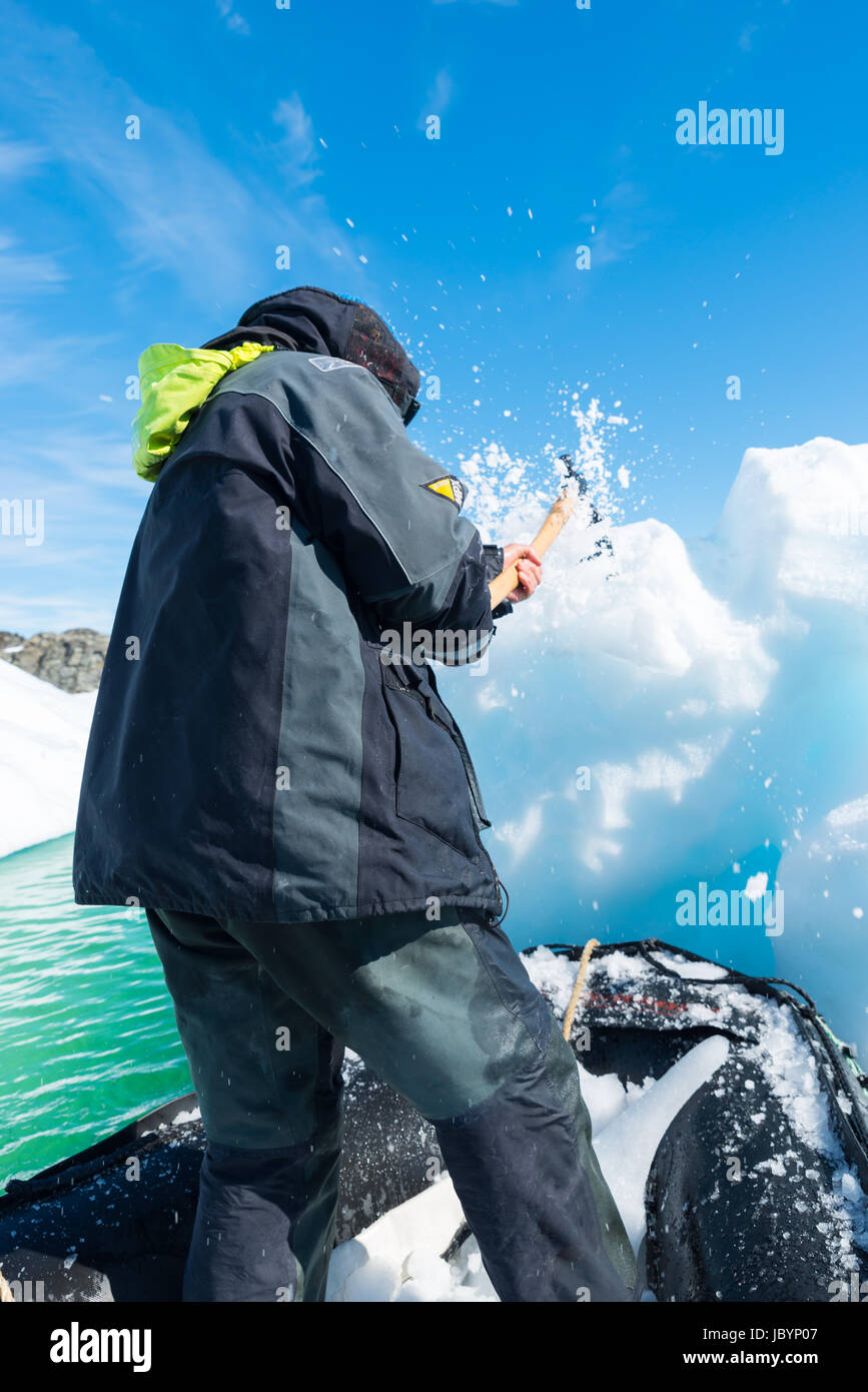 EL: January 15th 2014: Skipper collecting ice from iceberg to get fresh ...