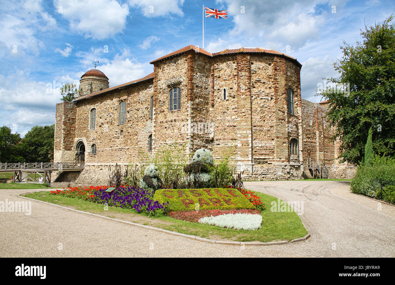 Medieval Norman castle and Castle Park gardens in spring, in Colchester ...