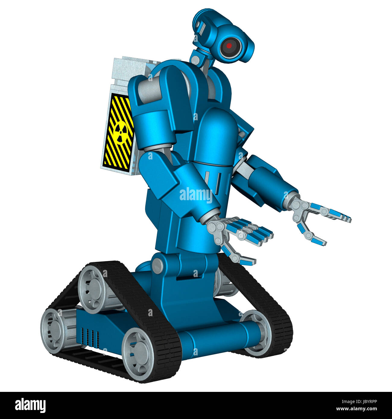 3D digital render of a blue service robot carring a box with a ...