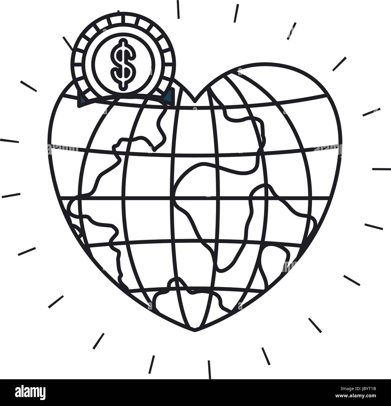 silhouette money box in globe earth world in heart shape with coin with ...