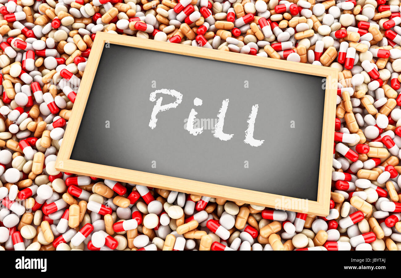 3d illustration. Capsules and blackboard with text "pill". Healthcare ...