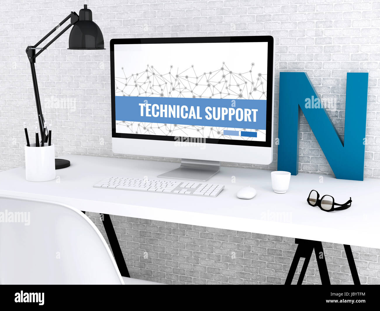 3D illustration. Modern workspace and computer with words TECHNICAL ...