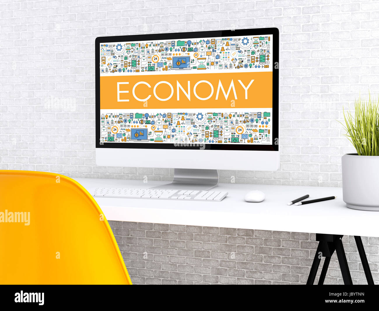 3D illustration. Modern workspace and computer with word ECONOMY ...