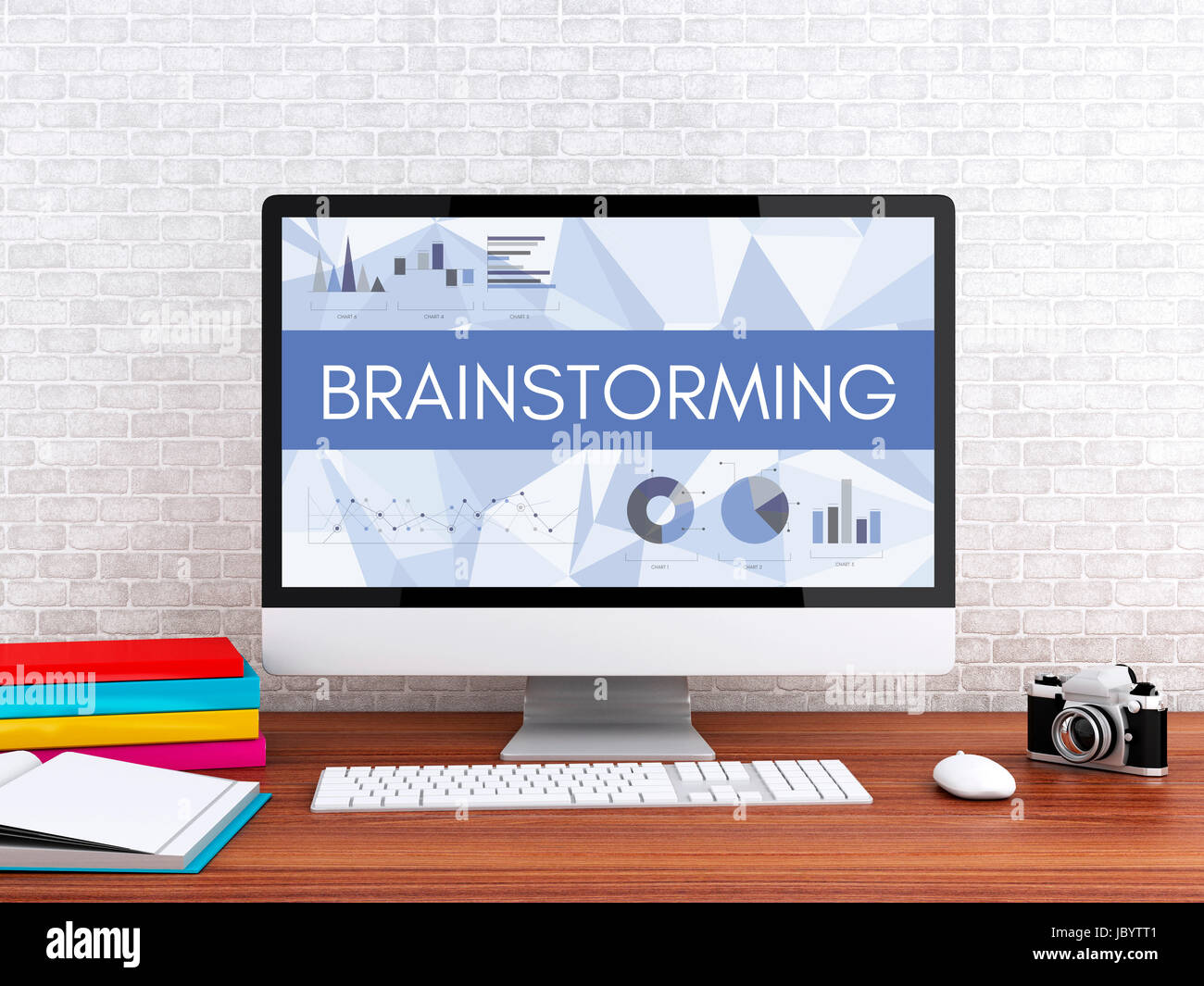 3D illustration. Modern workspace and computer with word BRAINSTORMING. Technology and business ...