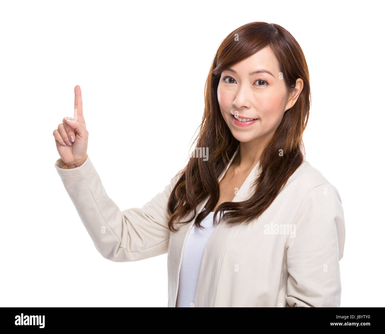 Woman with finger up Stock Photo - Alamy