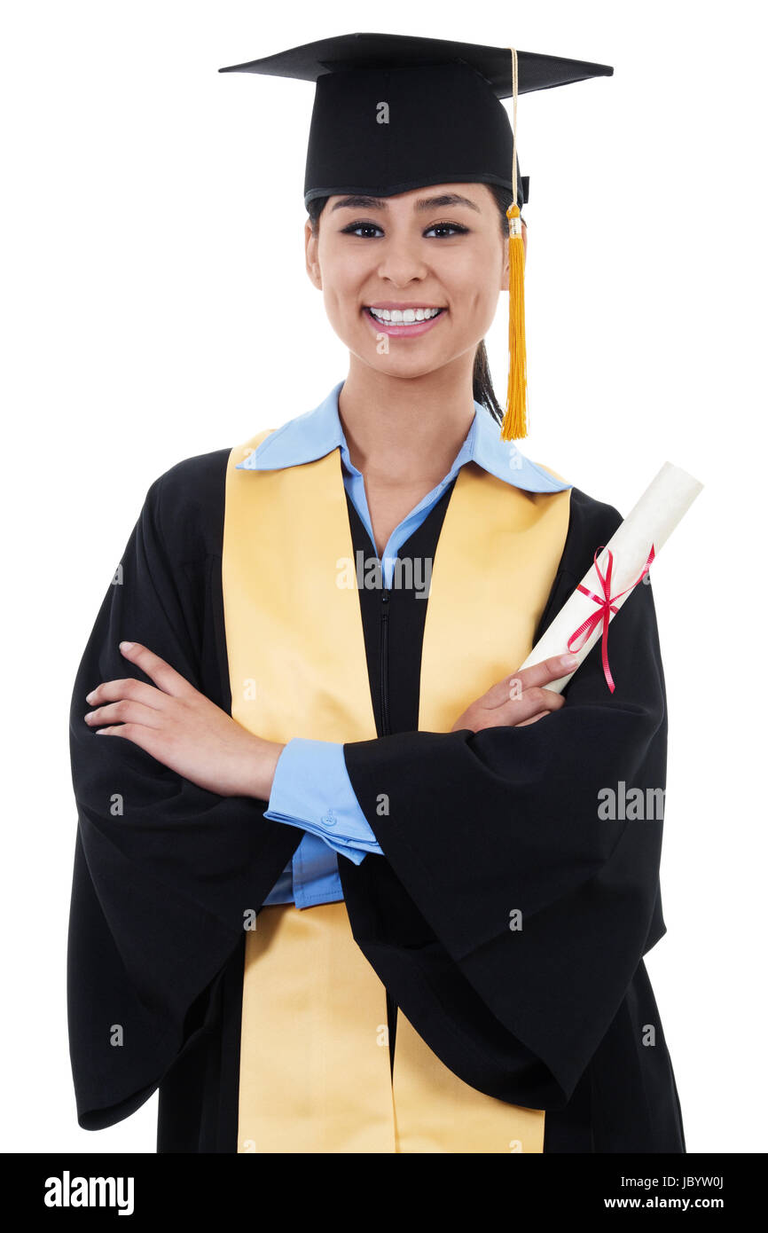 Stock image of female university graduate isolated on white background ...