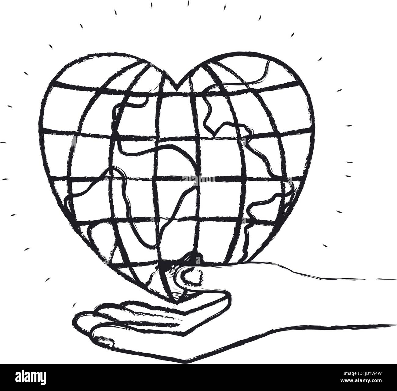 blurred silhouette hand palm giving a earth globe world in heart shape ...