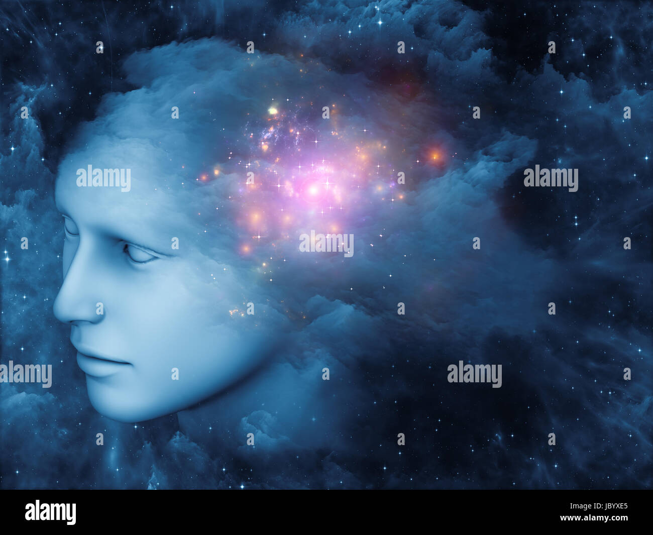 Universal Mind series. Backdrop of human head and fractal clouds to ...