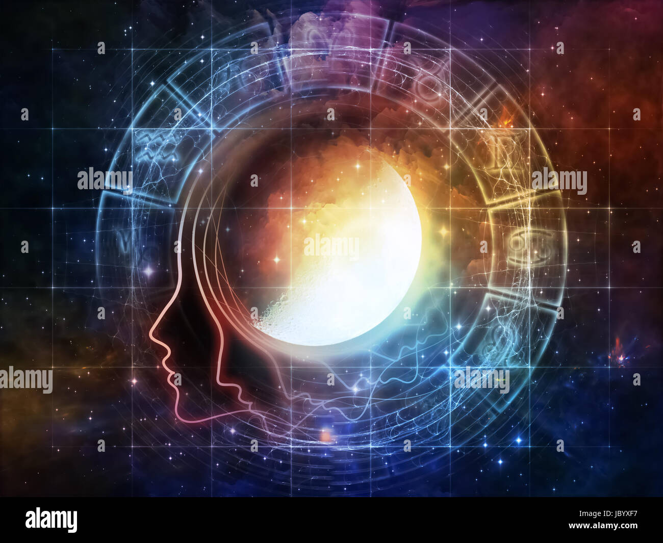 Inner Moon series. Background design of moon, human profile and design ...