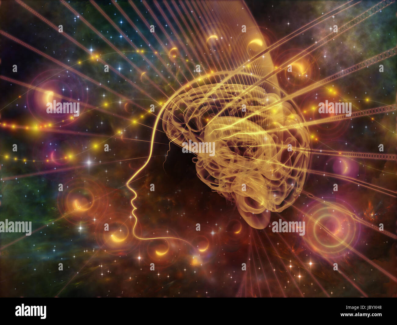 Human Mind series. Creative arrangement of brain, human outlines and ...