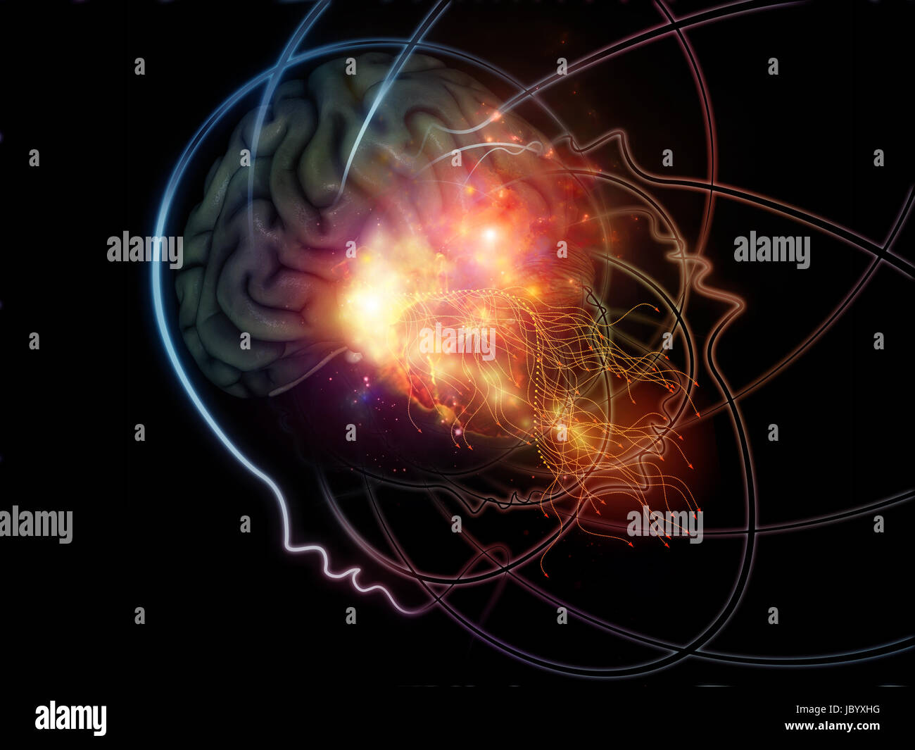 Human Mind series. Graphic composition of brain, human outlines and ...