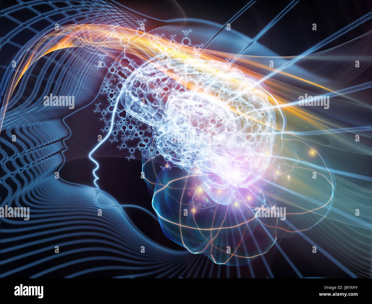 Human Mind series. Composition of brain, human outlines and fractal ...