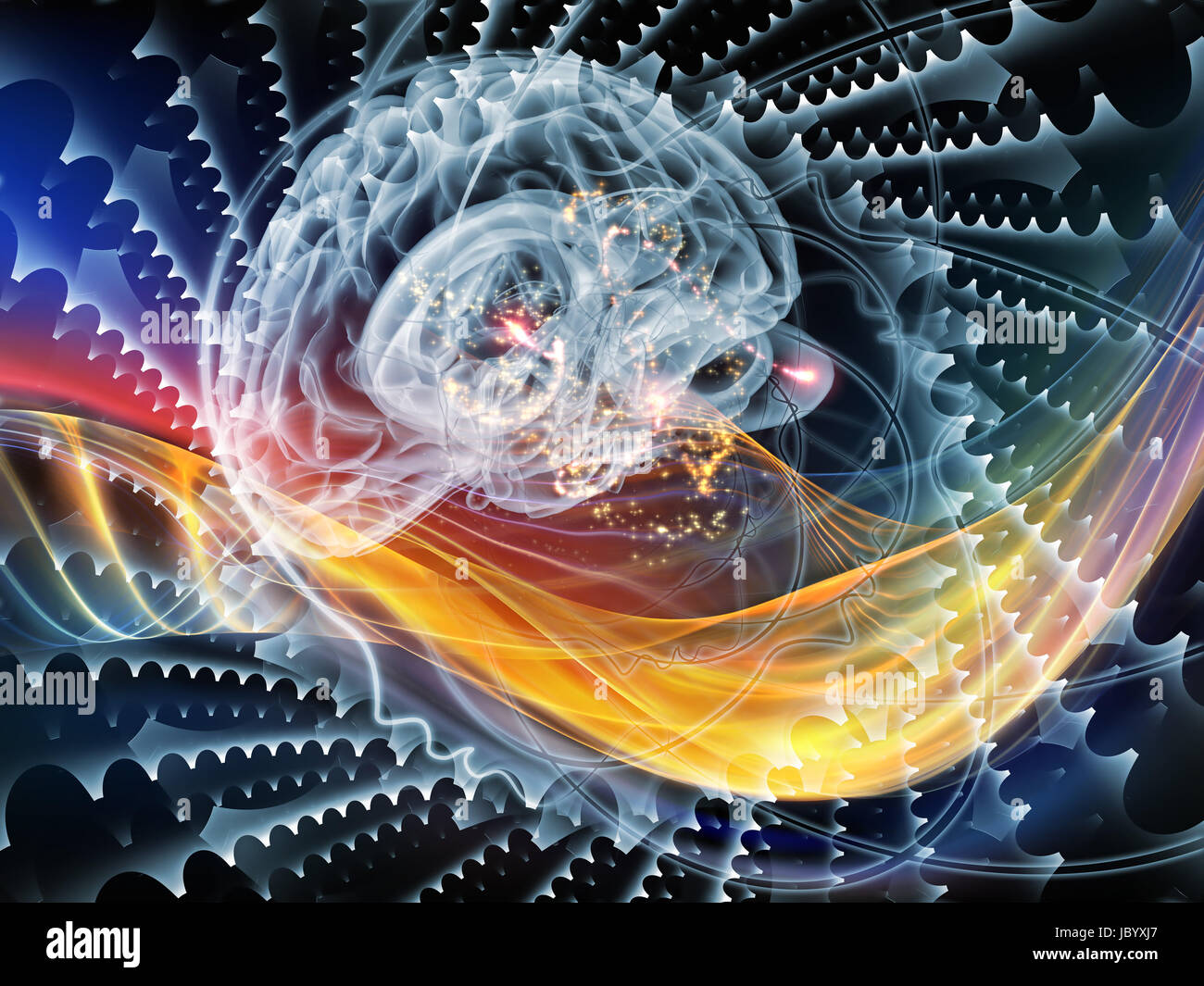 Human Mind series. Creative arrangement of brain, human outlines and ...