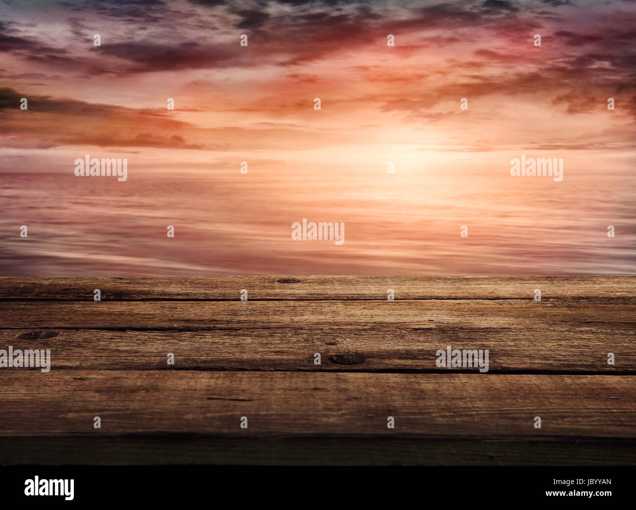 Wood table and tropical sunset landscape in the background. Summer ...