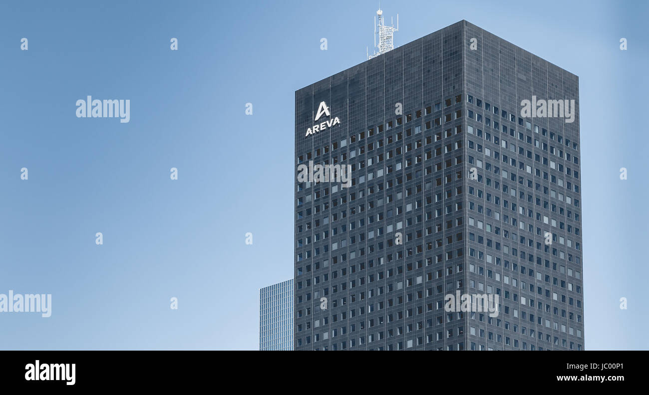 Nanterre, FRANCE, May 09, 2017 - Close-up on the skyscraper "AREVA", an ...