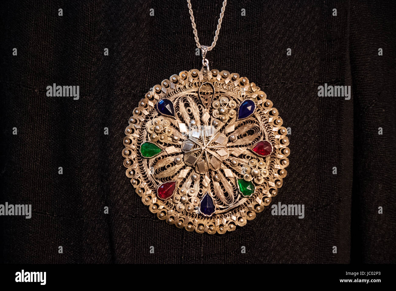 Silver big pendant medallion on the black background. Turkish work ...