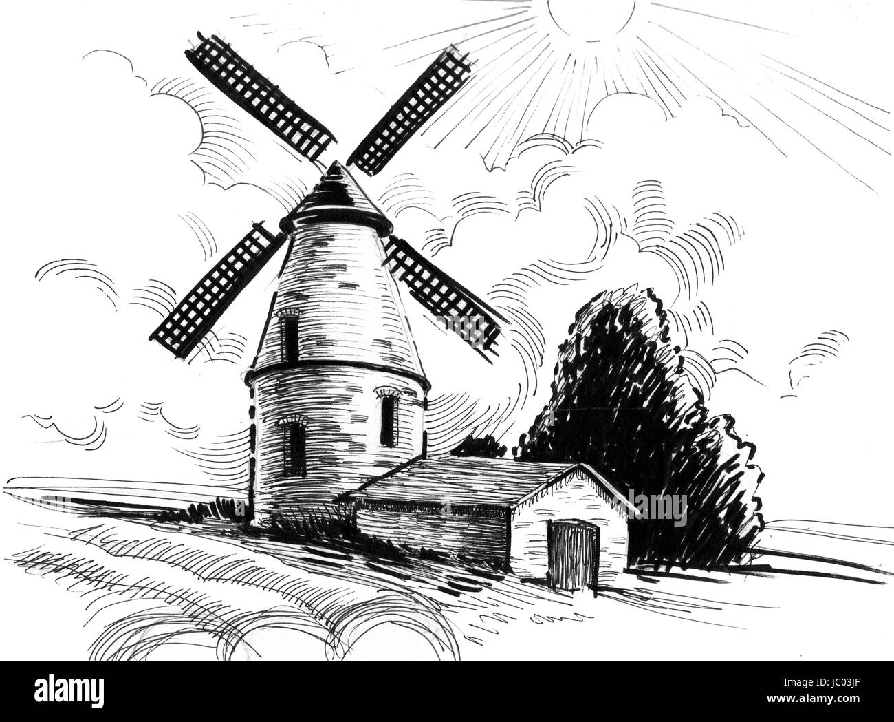 Black and white drawing of a mill Stock Photo - Alamy