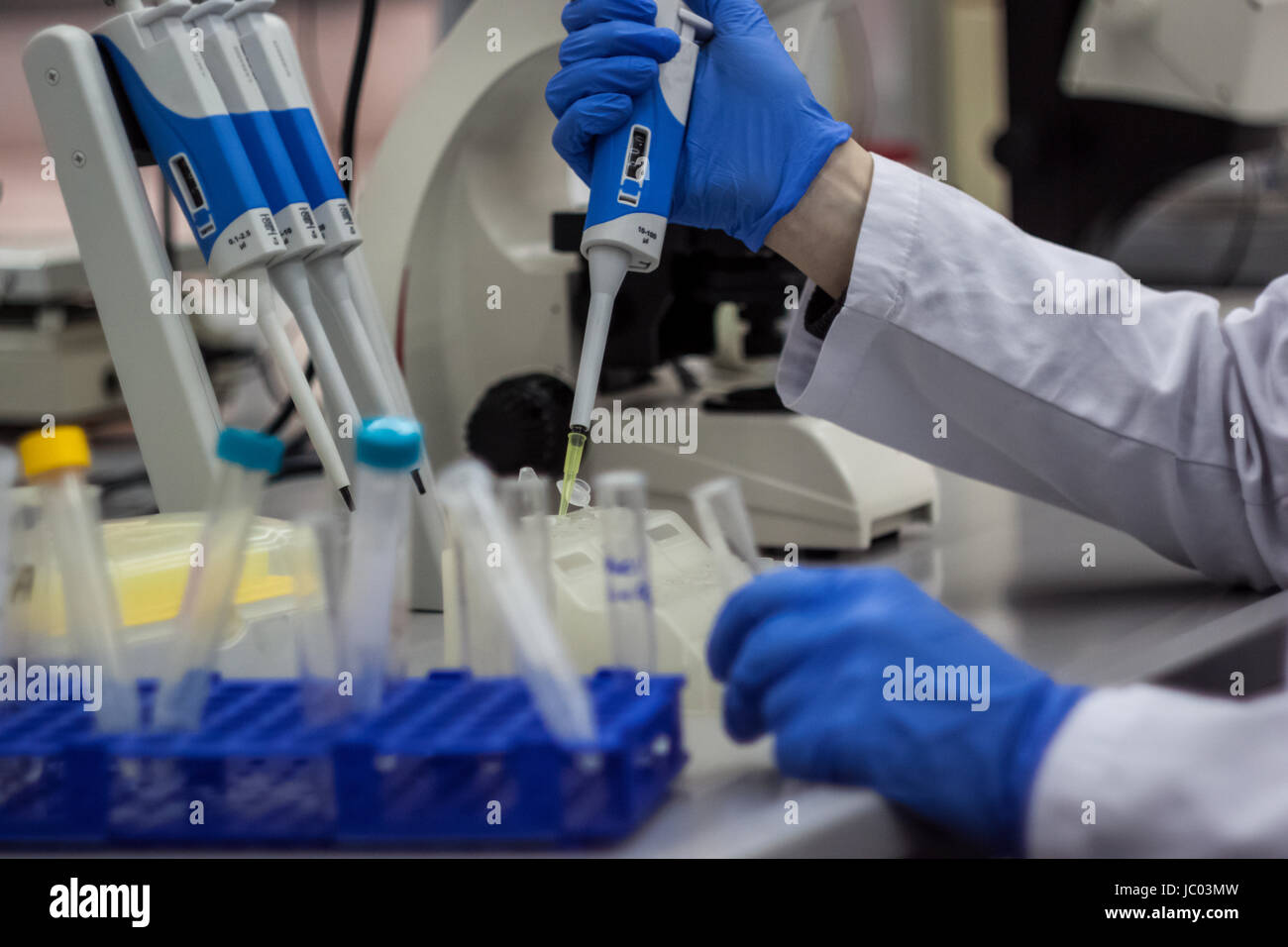 Modern scientist working in biotechnological laboratory equipment for ...