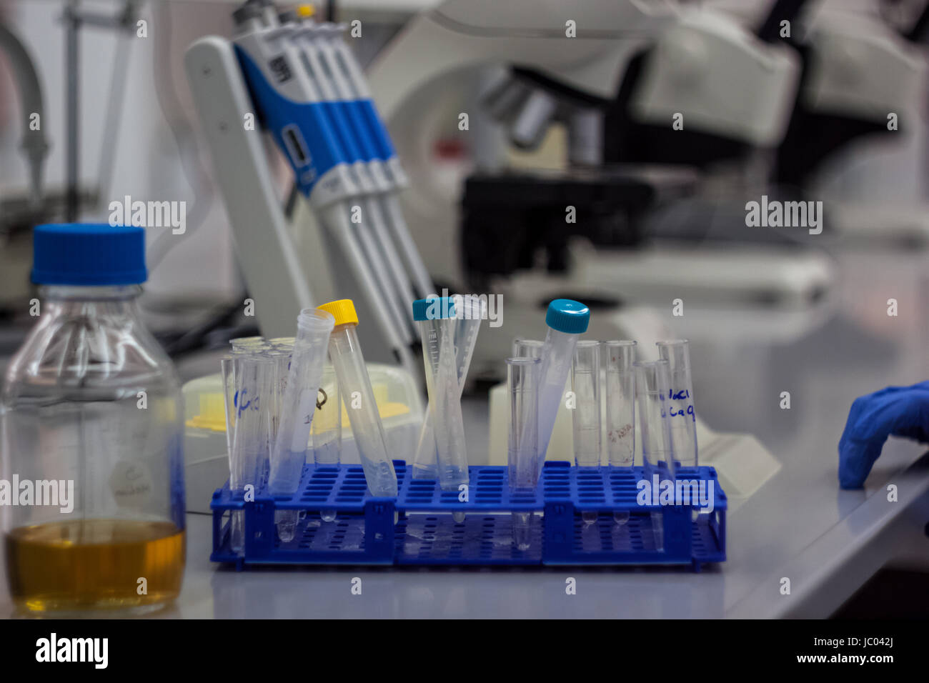 Biotechnological laboratory equipment for research with pipettes and ...