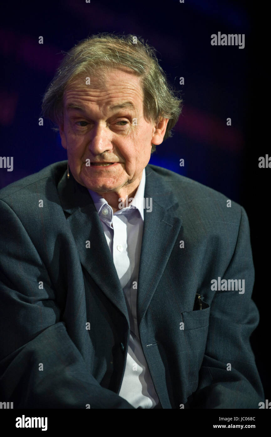 Roger Penrose theoretical physicist speaking on stage at Hay Festival ...