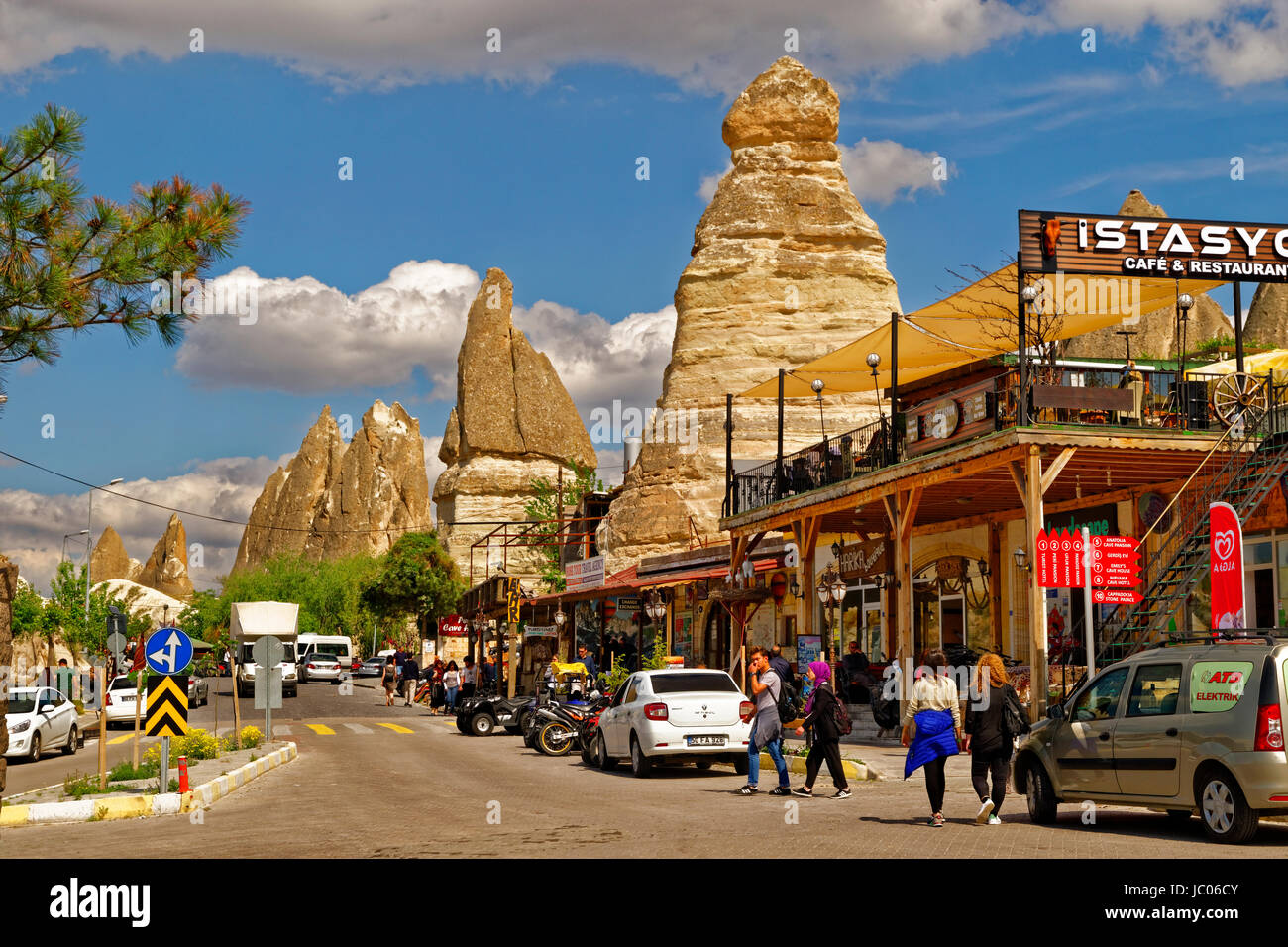 Fairy chimney formations rising up around Goreme town centre ...