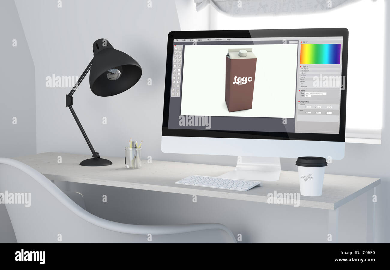 3d rendering of a desktop workplace with packaging design sofware. All ...