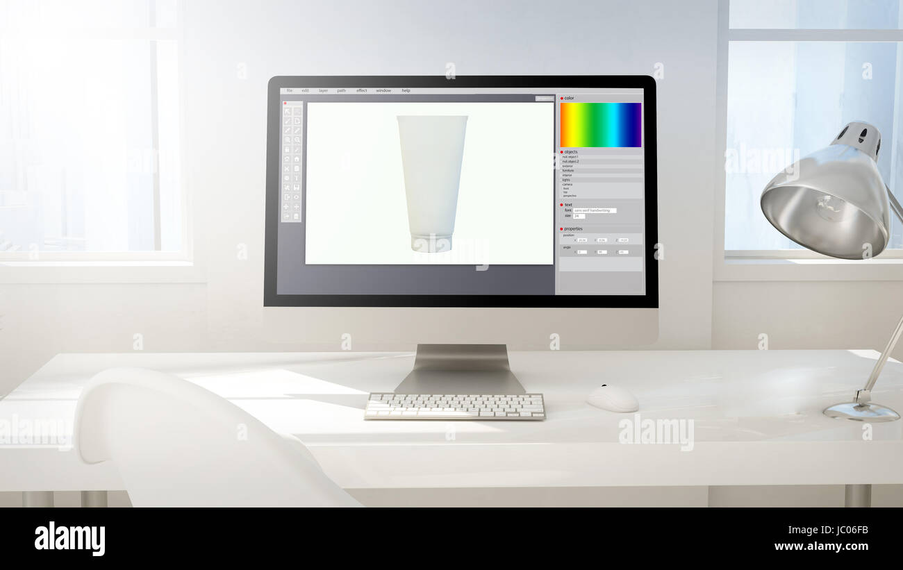 workspace background with product design computer. 3d Rendering Stock ...
