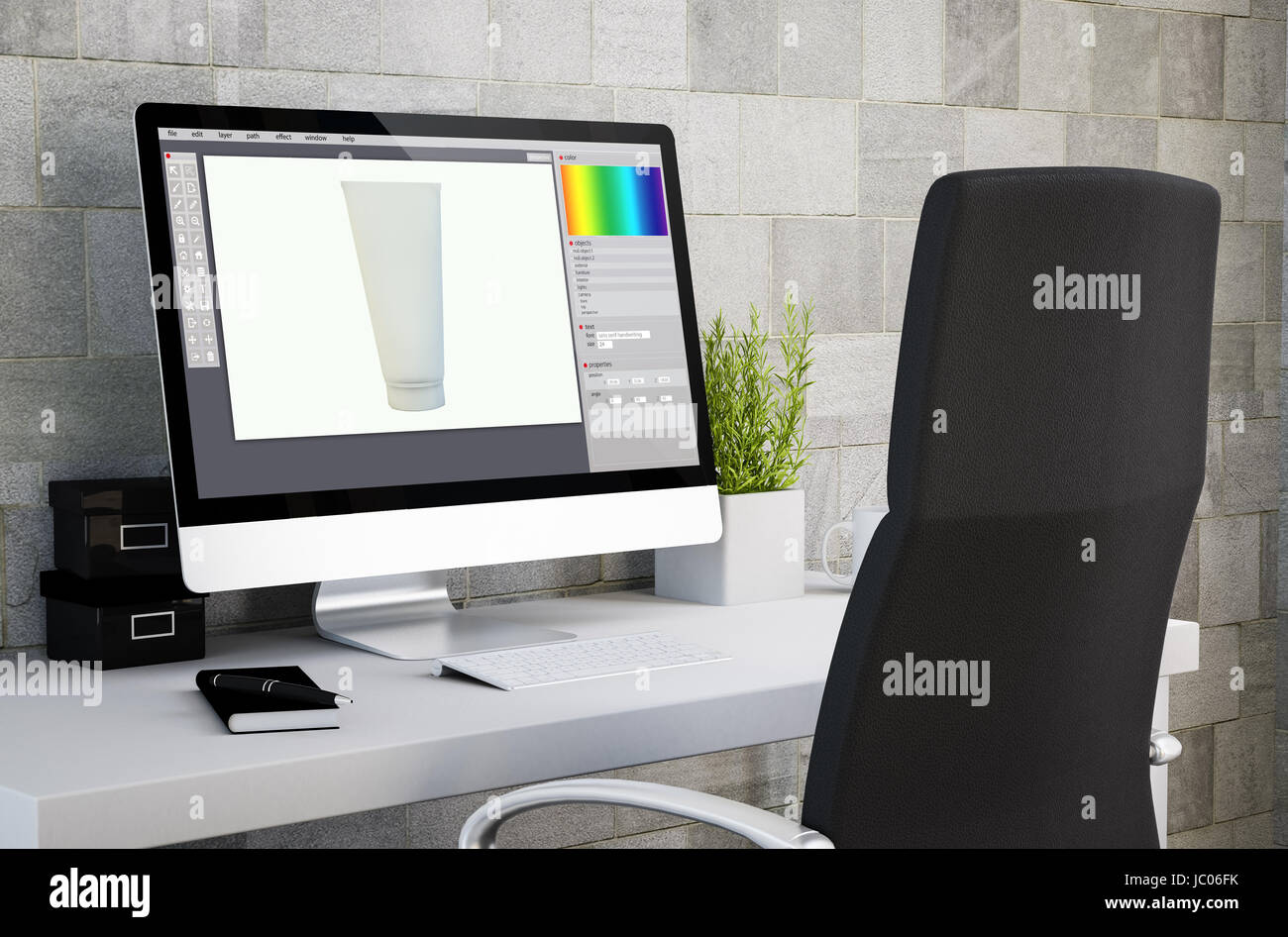 3d rendering of industrial workspace showing product design on computer ...