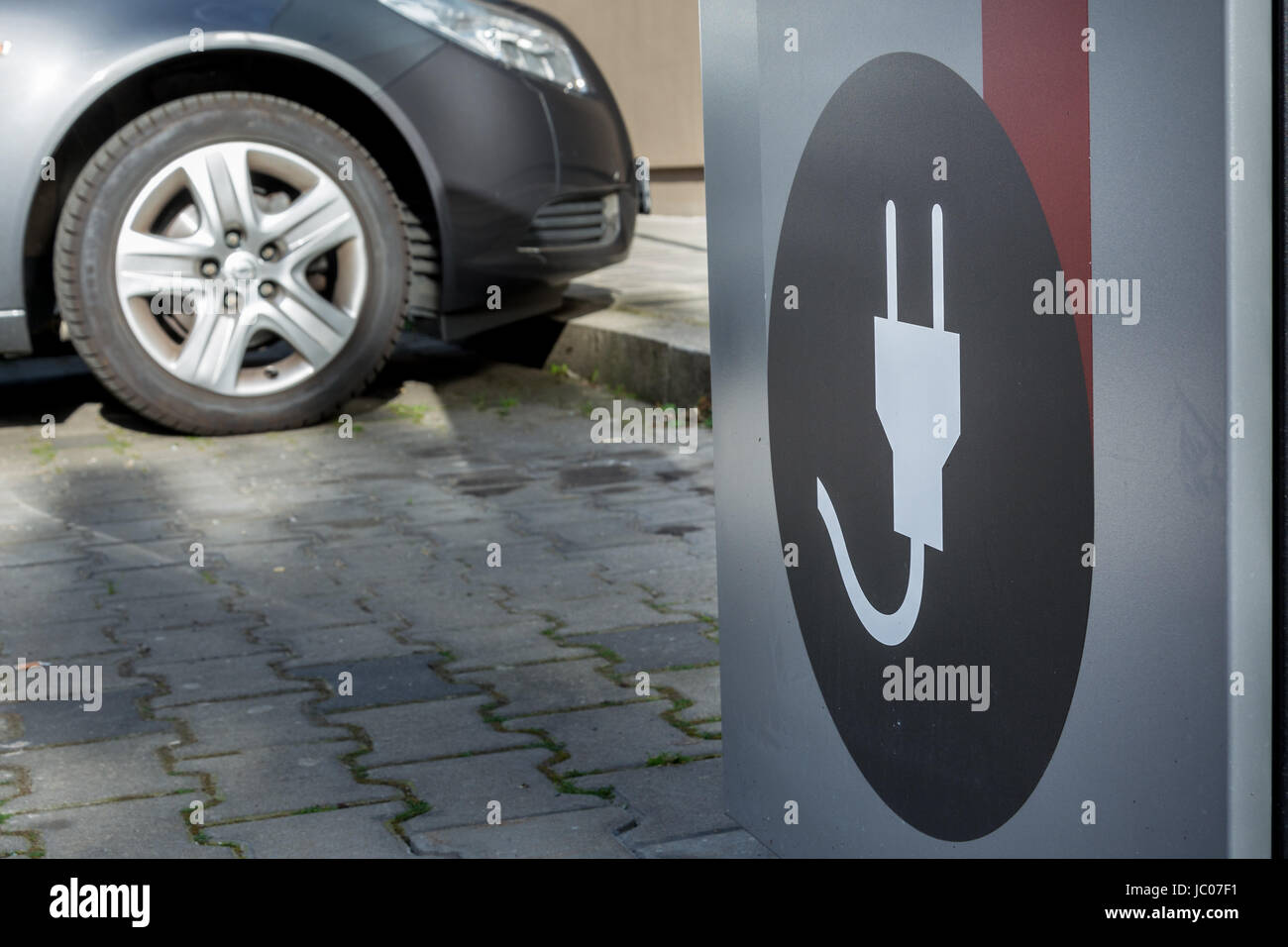 Charging station for electric cars in the streets in the sun close up ...