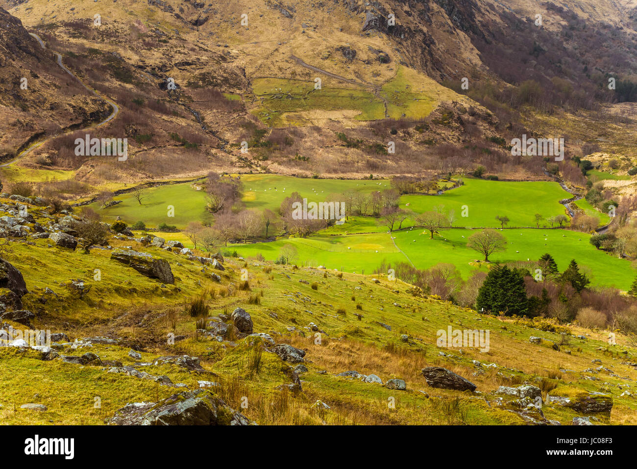 A beautiful irish mountain landscape in spring. Gleninchaquin park in ...