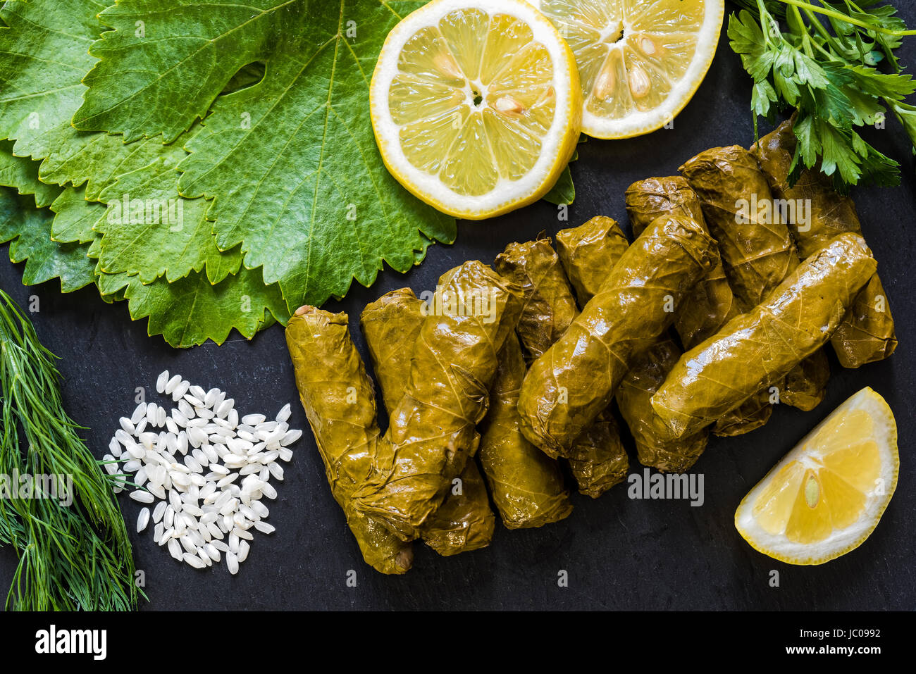 Delicious stuffed grape leaves (the traditional dolma of the ...