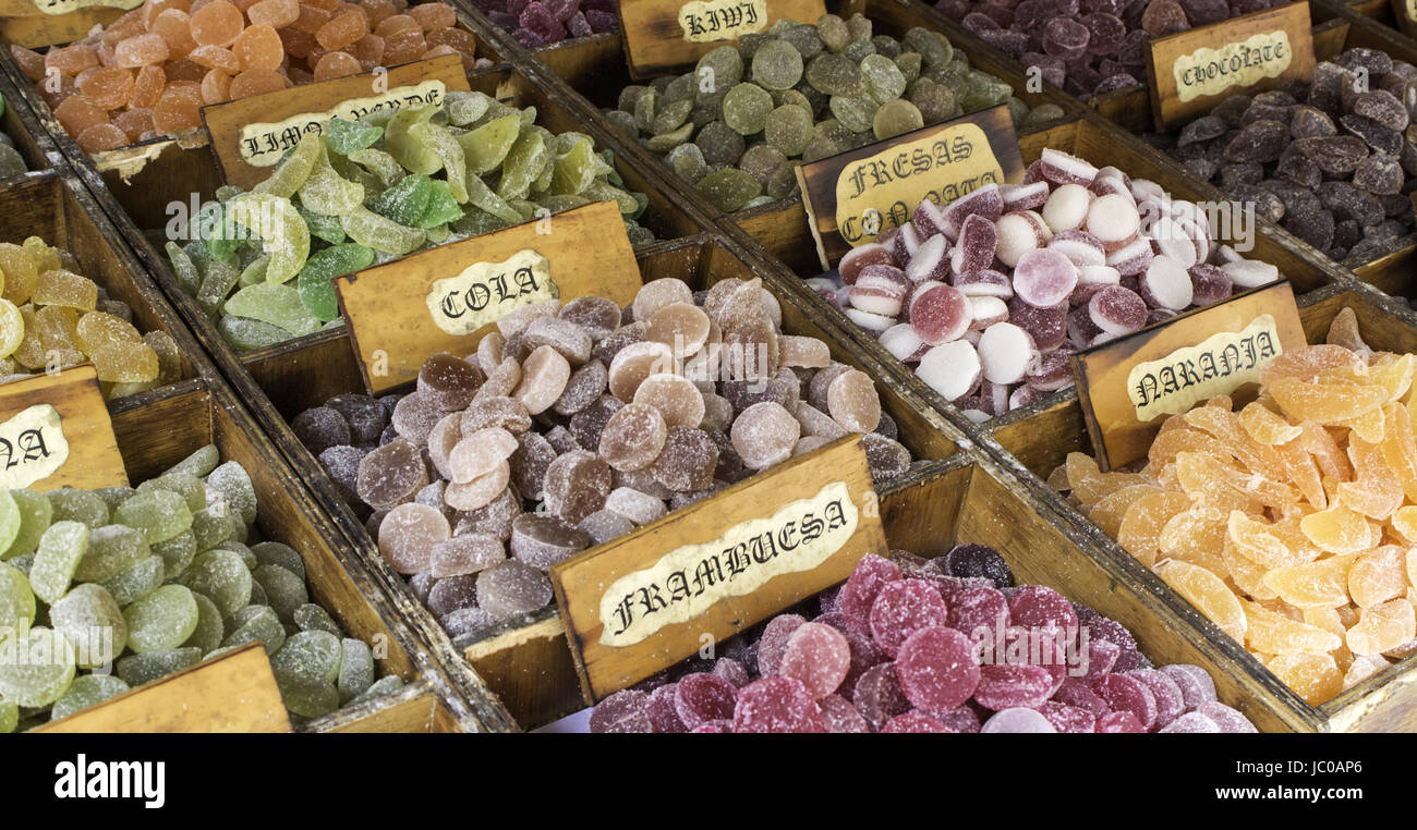 Sweet sugary fruits in food market, insane food Stock Photo - Alamy