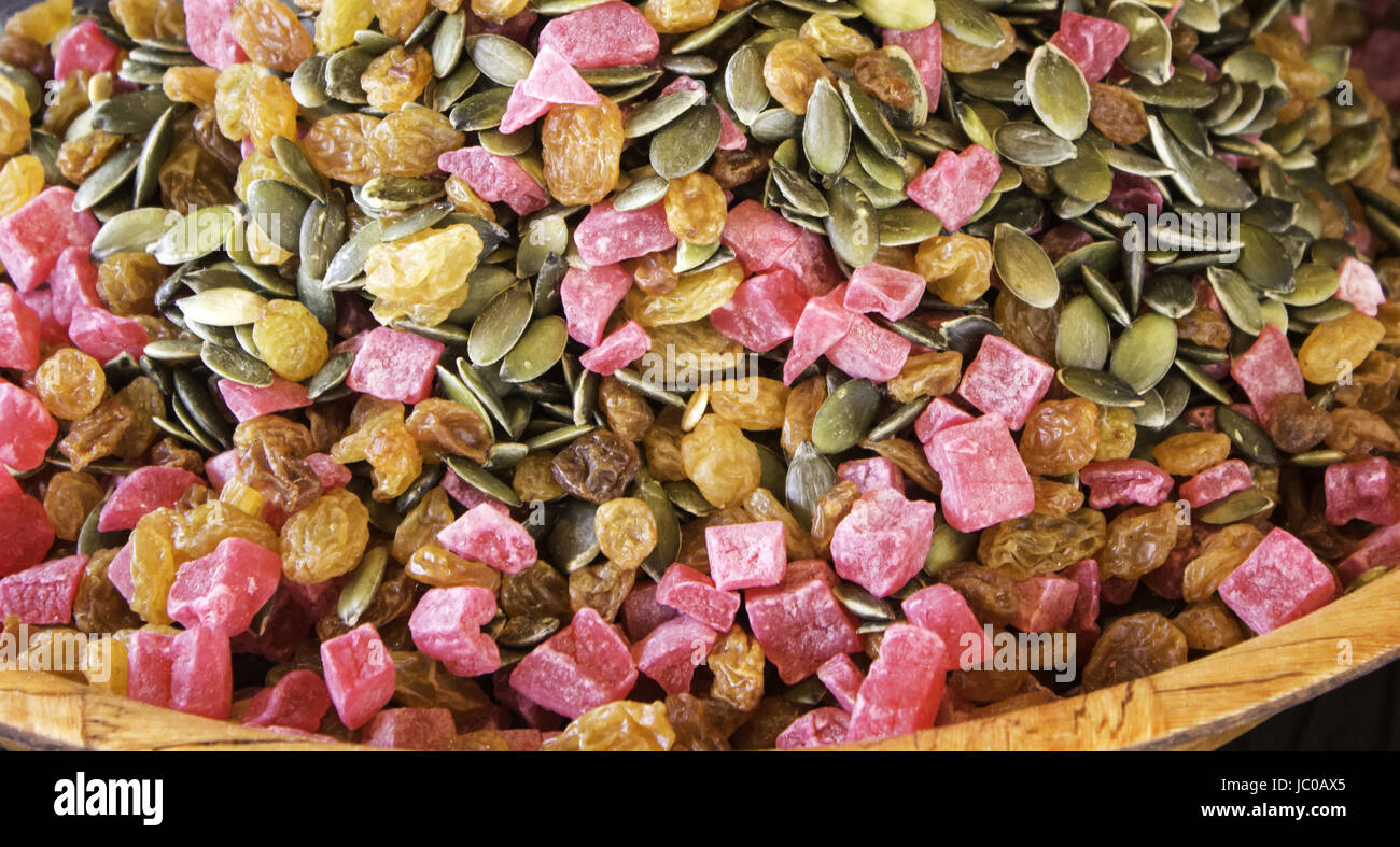 MIx nuts and raisins with fiber and vitamins, food and feed Stock Photo ...